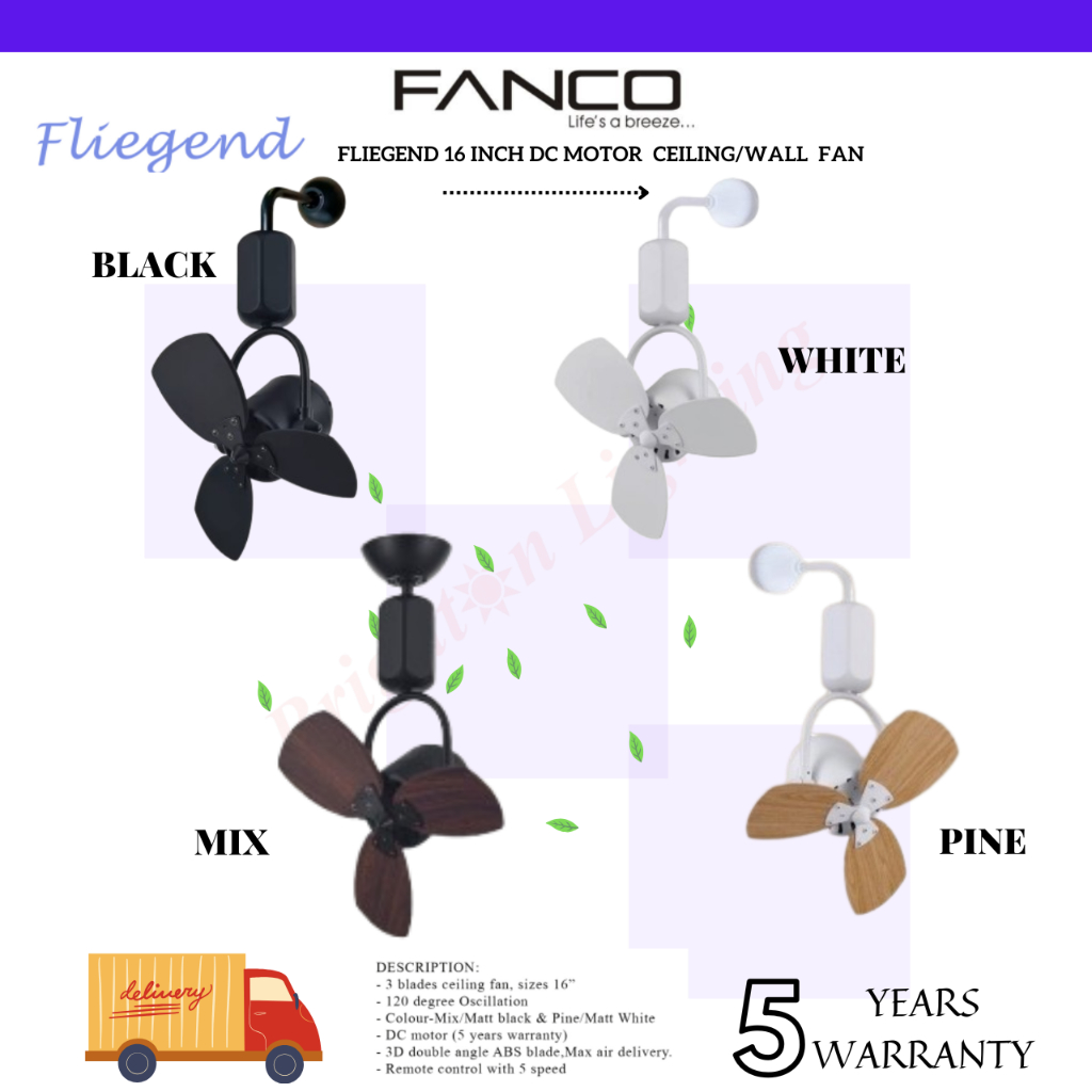 FANCO Fliegend 16 Inches Fan With 3 Blades DC Motor Ceiling Fan / Wall ...