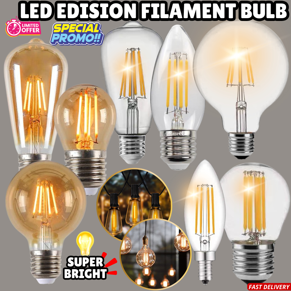 🔥LED🔥 Edison Filament Bulb 4W Retro Vintage LED Candle Bulb E14 E27 ...