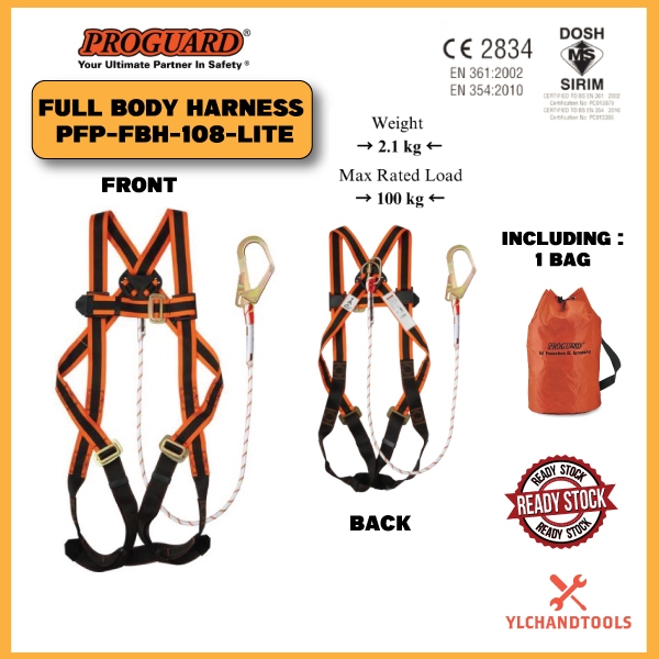 Proguard 1 D-Ring Full Body Harness with 1.8m Single Kernmantle Lanyard ...