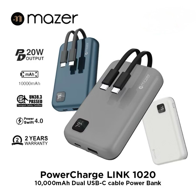 MAZER PowerCharge Link 1020 Power Bank 10000mAh Built-In Dual USB-C Cables 2 years warranty ...