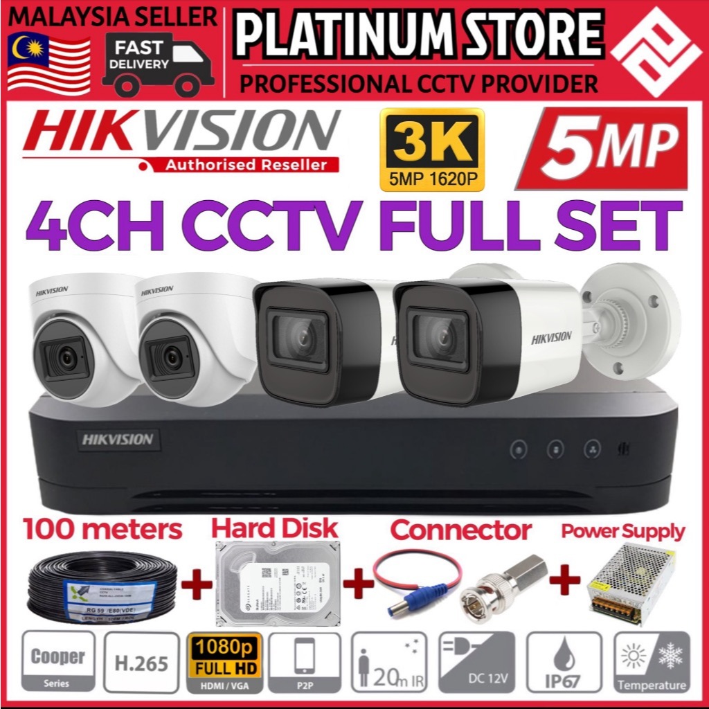 HIK HIKVISION 5MP Full Set 4-CHANNEL HD 3K 1920P CCTV 4CH DVR + Camera ...