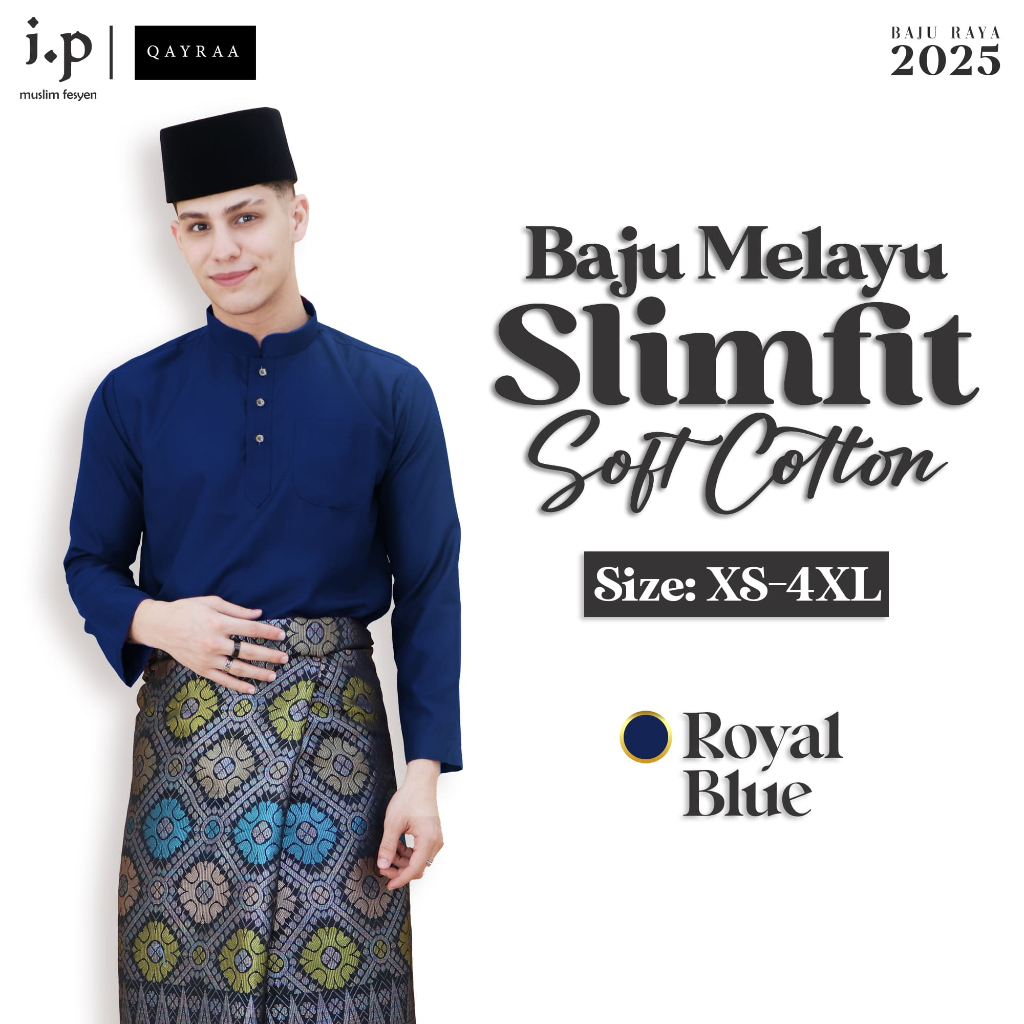 QAYRAA Royal Blue Baju Melayu Soft Cotton DEWASA Slim Fit Cekak Musang ...