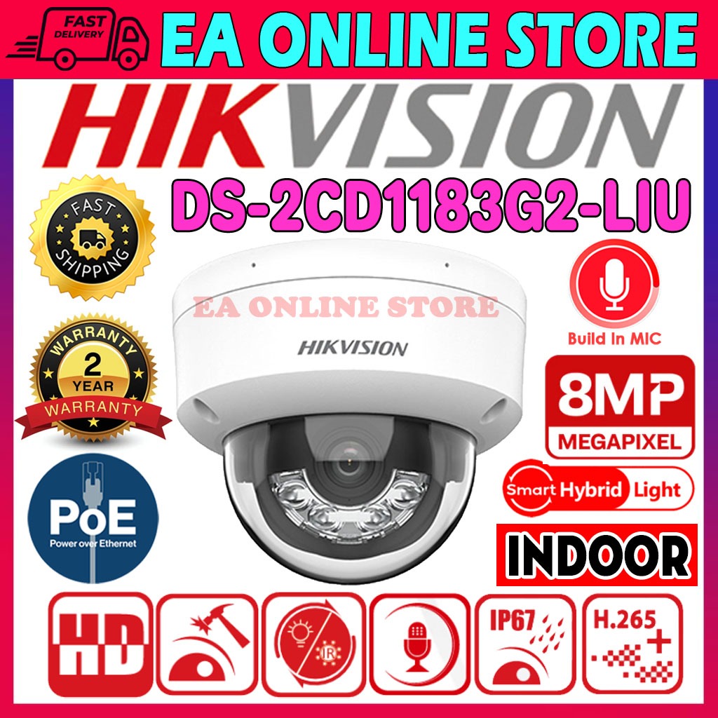 HIK HIKVISION DS-2CD1183G2-LIU 8.0MP POE + COLORVU + MIC / AUDIO Smart Hybrid Light 8MP 2160P IP ...