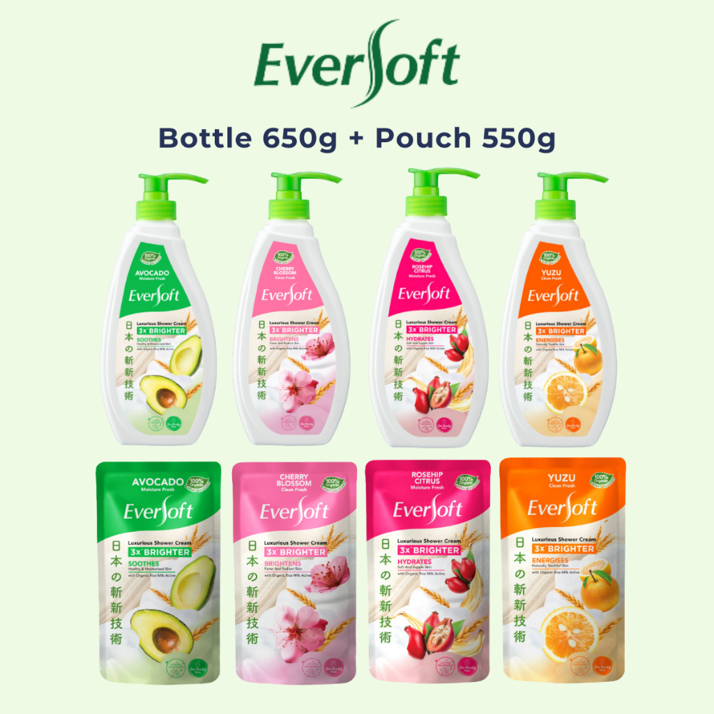 EVERSOFT Shower Bottle 650G + Pouch 550g | 3x Brighter | Avocado Yuzu Rosehip citrus Cherry ...