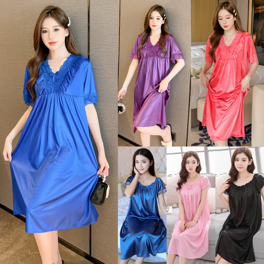 Gaun Tidur Perempuan Baju Tidur Wanita Satin Plus Size Plain Design ...