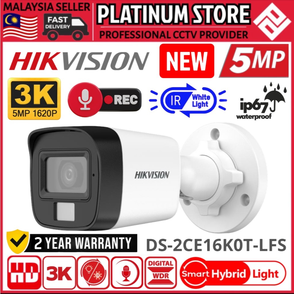 HIK HIKVISION Smart Hybrid Light 3K 5.0MP Bullet Outdoor Camera DS-2CE16K0T-LFS 1620P Mic Audio ...