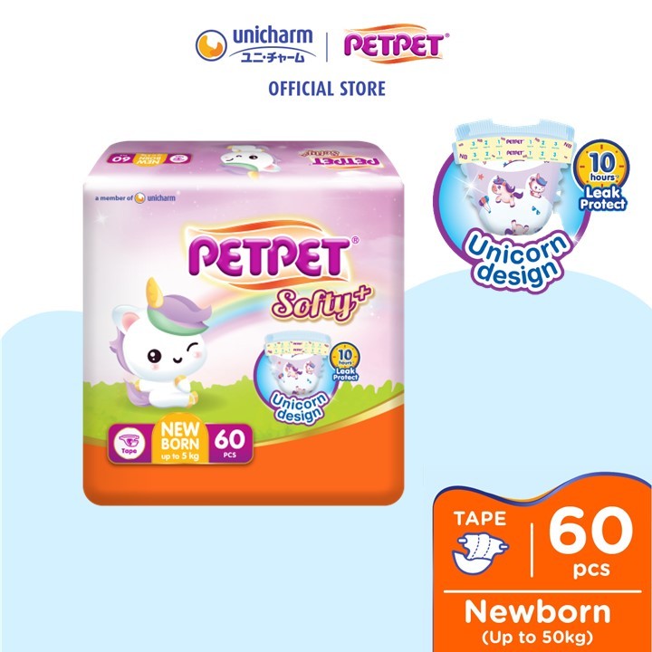 PETPET Unicorn Softy+ Tape Baby Diapers NB60 (1 Pack) (Up to 5kg ...
