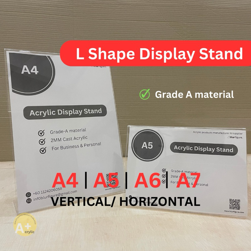 Acrylic Display Stand L shape (Horizontal / Vertical) A4 size, A5 size ...