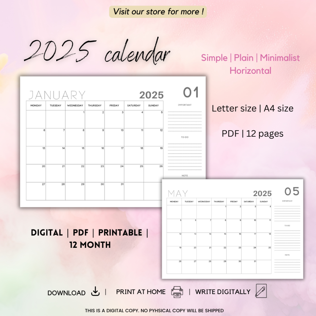 2025 CALENDAR | PLAIN MINIMALIST HORIZONTAL | PDF | DIGITAL PRINTABLE ...