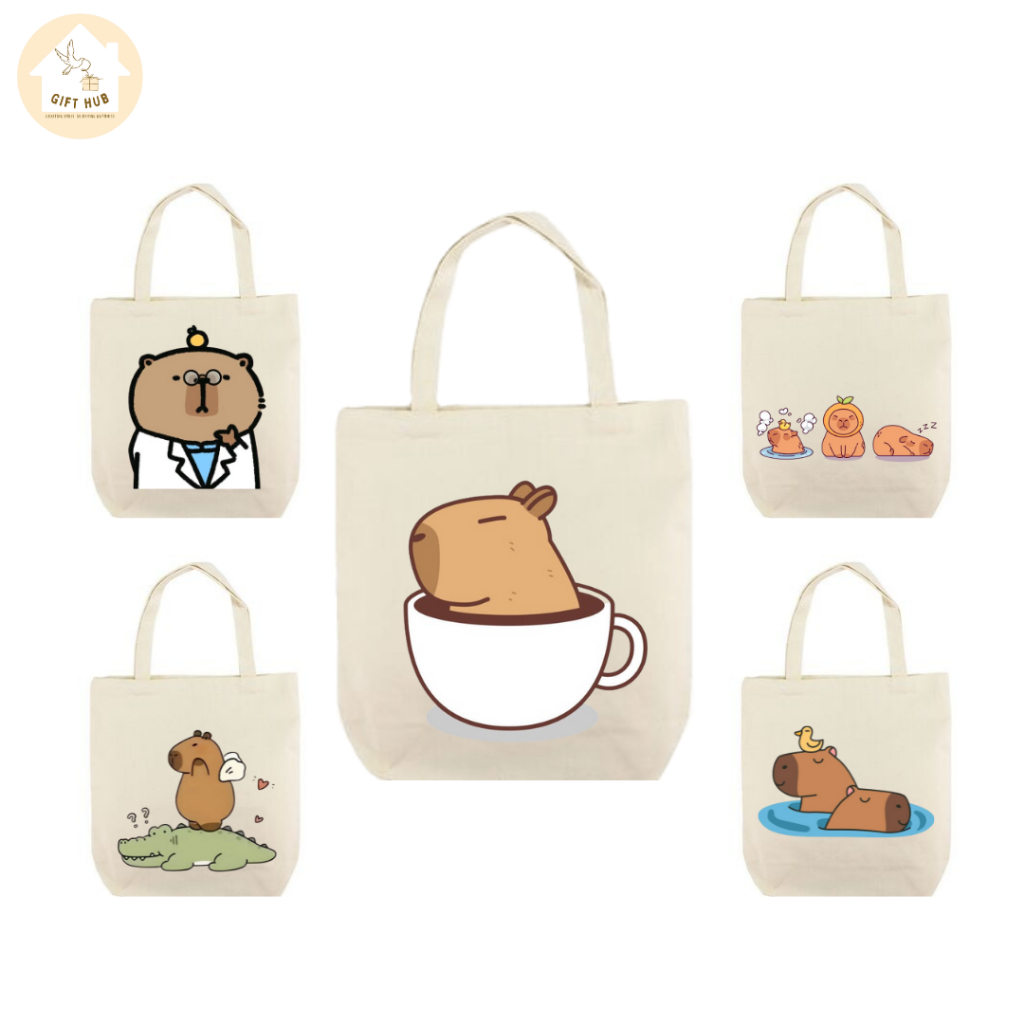 Capybara Cartoon Cute Design Tote Bag Canvas Bag Shopping Bag | Shopee ...