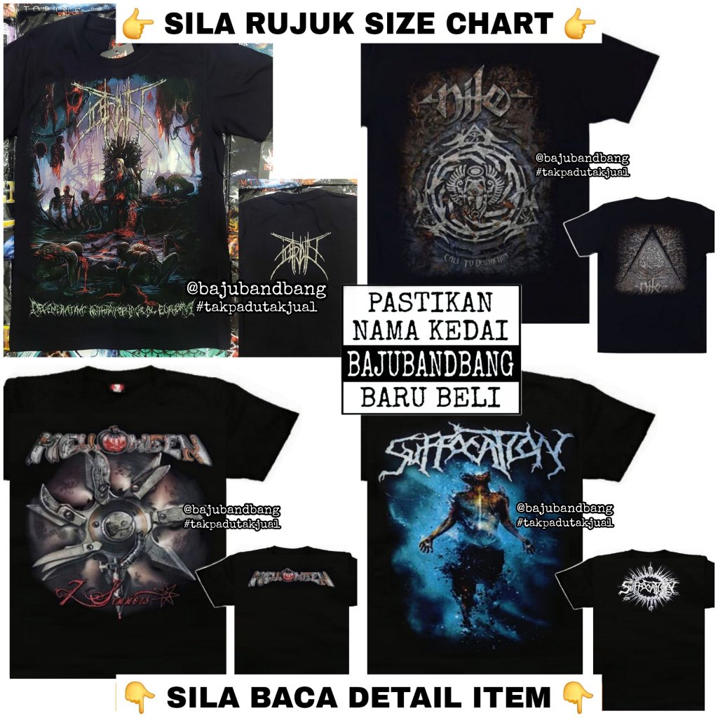 (Pit 18-26) Baju Putridity Nile Helloween Suffocation Band Tshirt ROCK ...