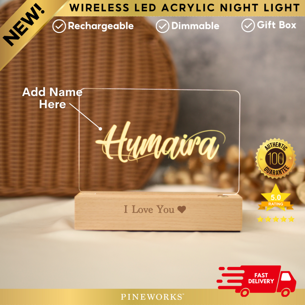 Wireless LED Maple Wooden Name Plaque Night Lamp Lampu Ukir Gambar ...