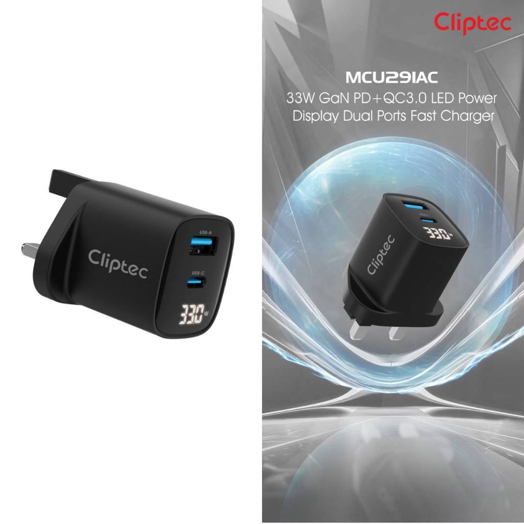 CLiPtec MCU291AC 33W GaN PD+QC3.0 Dual Ports Fast Charger with LED ...