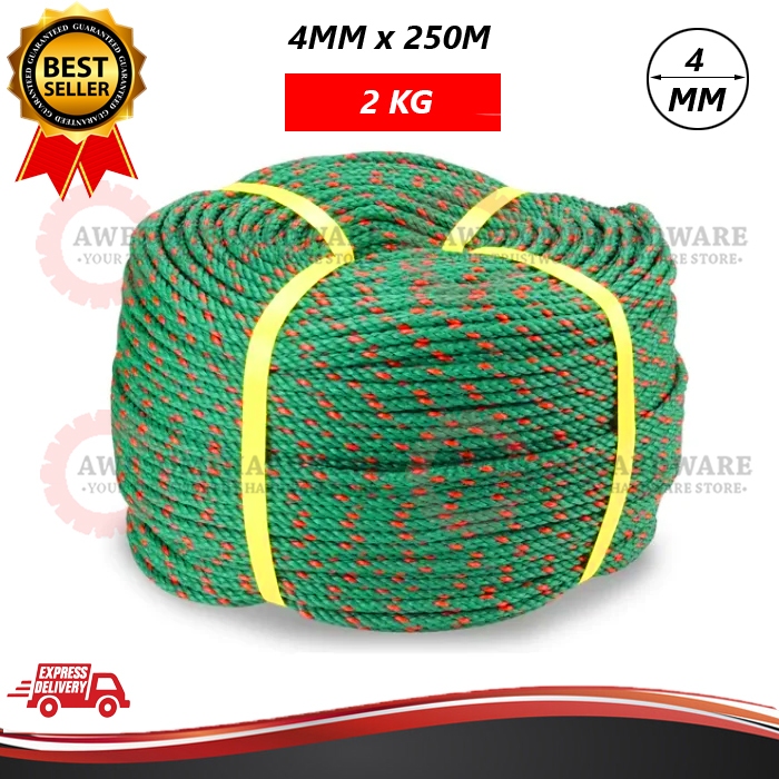 (2KG 1ROLL) 4MM 250M PE ROPE 4 STR RCPE POLYETHYLENE ROPE GREEN ROPE ...