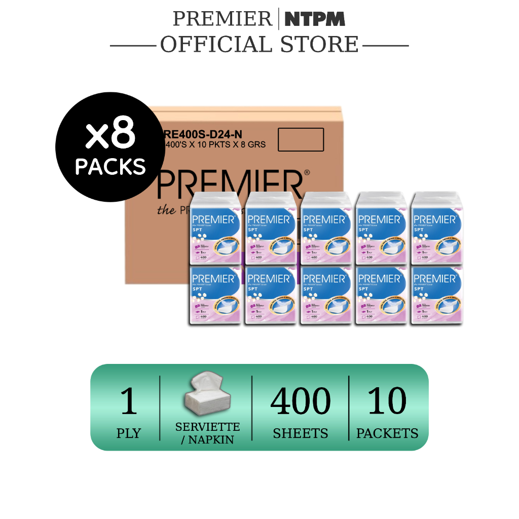 Premier Single Pull Tissue 1 PLY (400's x 10) x 8 Packs (Carton ...