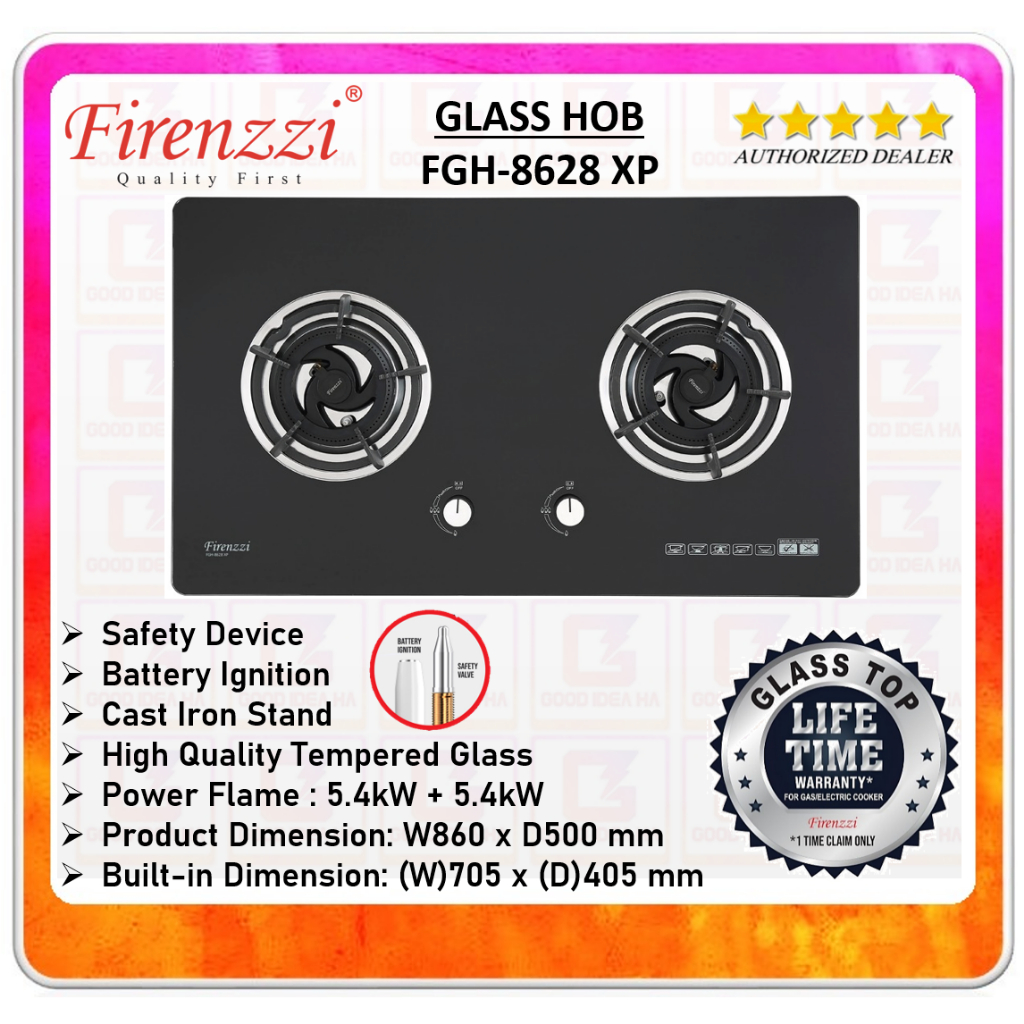 FIRENZZI FGH-8628 XP Glass Hob with Safety Device & Cast Iron Stand ...