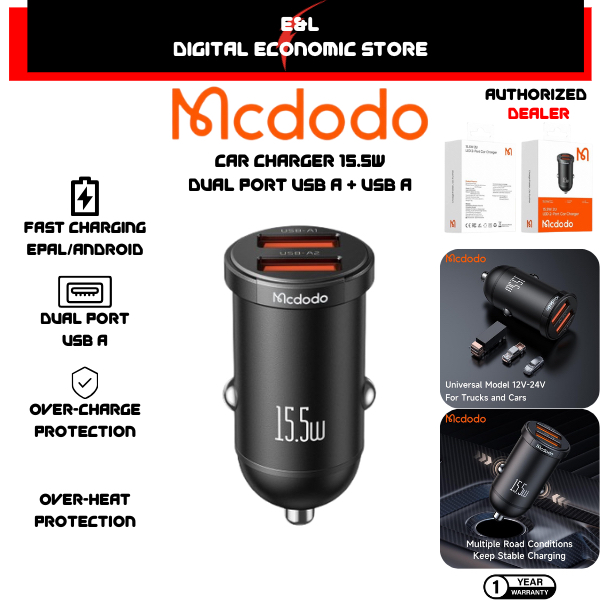 【1Yr Warranty】 MCDODO 15.5W 2 USB A Car Charger with LED CC 2950 Support Dual USB Output with 3 ...