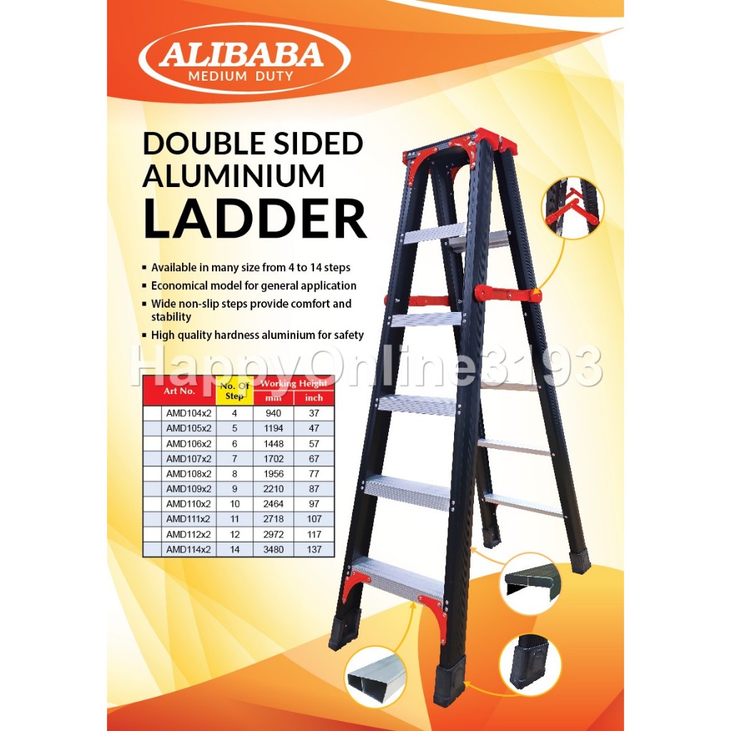 ALIBABA Double Sided Aluminium Ladder 4/5/6/7/8/9/10/11/12 Steps High ...