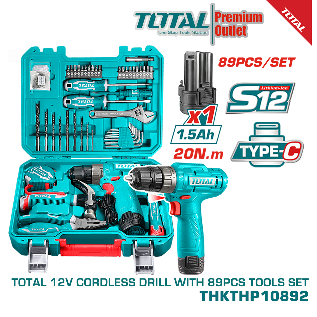 Total 12V Cordless drill with 89 Pcs Tools set - THKTHP10892 | Shopee ...