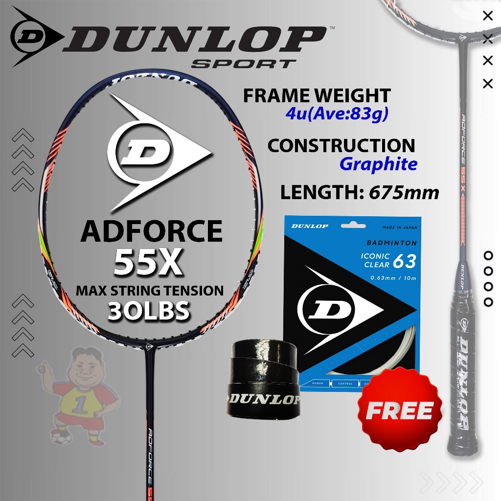 Dunlop Badminton Racket ADFORCE 55X 4U Max Tension 30 lbs (Free String ...