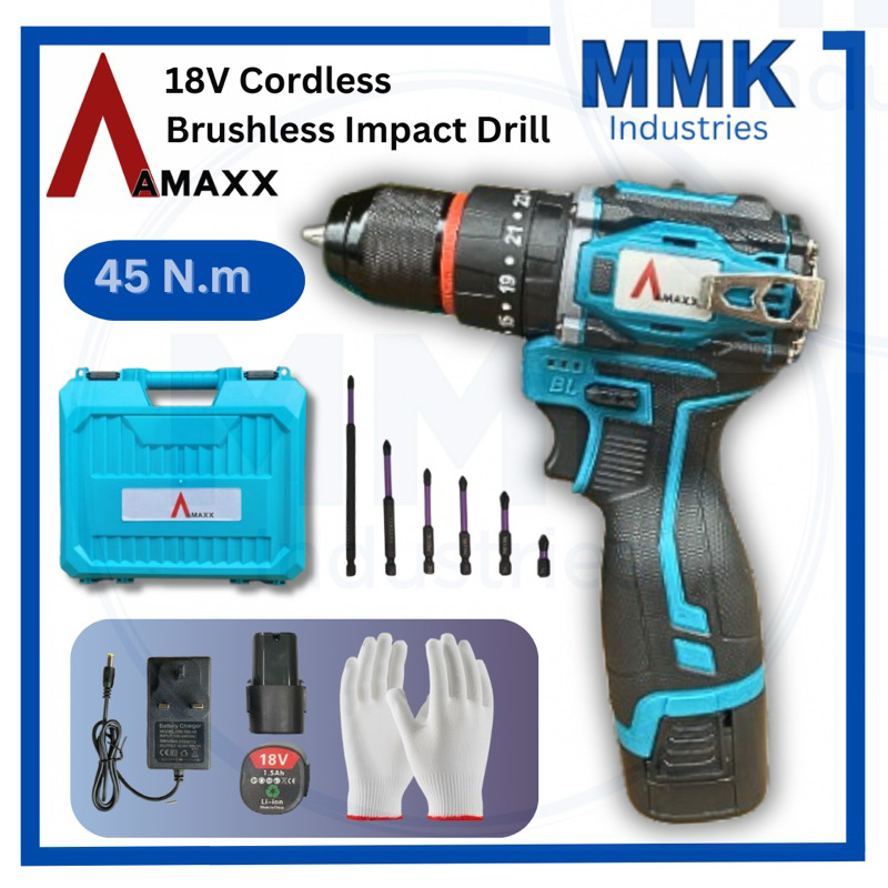 AMAXX 18V Cordless Brushless Impact Drill with 2 Batteries and ...