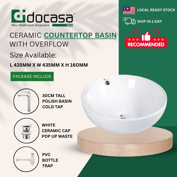 DOCASA 435mm Ceramic White Countertop Basin Sinki Tandas Bilik Mandi ...