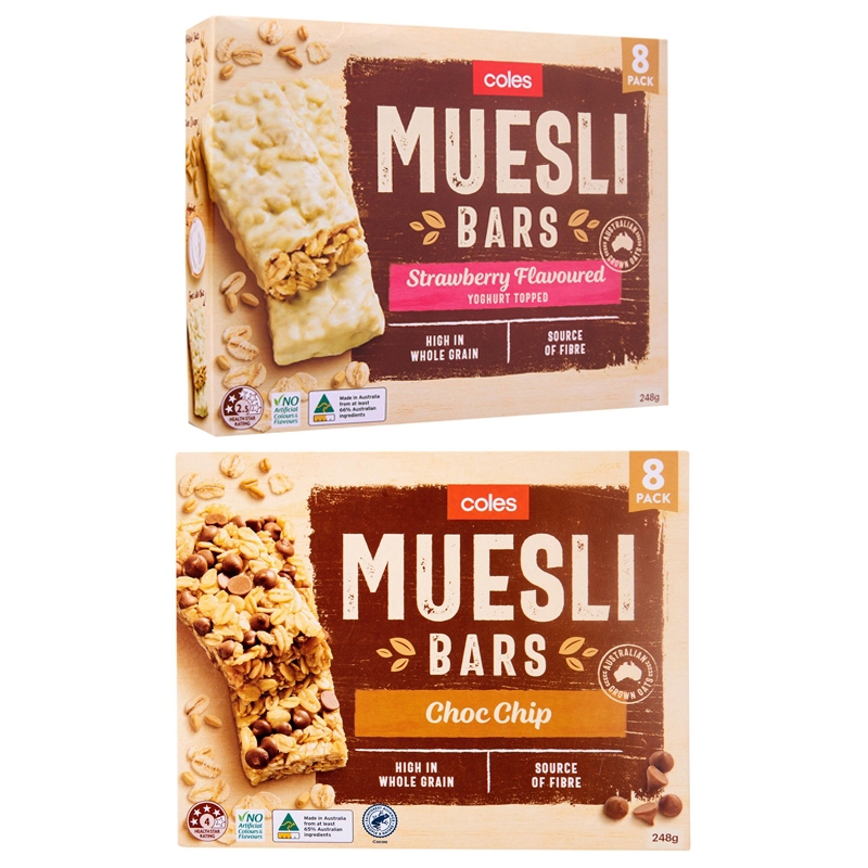 Coles Muesli Bars (Chocolate Chip/ Strawberry Yoghurt Topped) Healthy ...