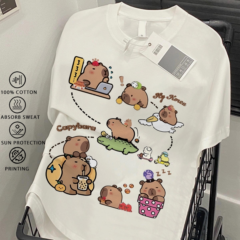 capybara t-shirt Cartoon cute couple T-shirt round neck 100% cotton top printed capybara same ...