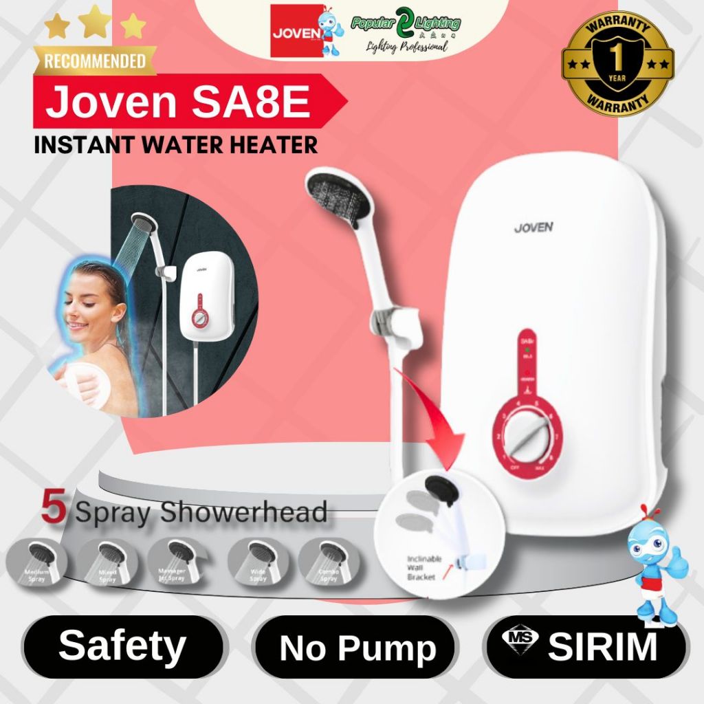 Joven Water Heater (Non-Pump) 5-Spray Pattern Showerhead Instant Water ...