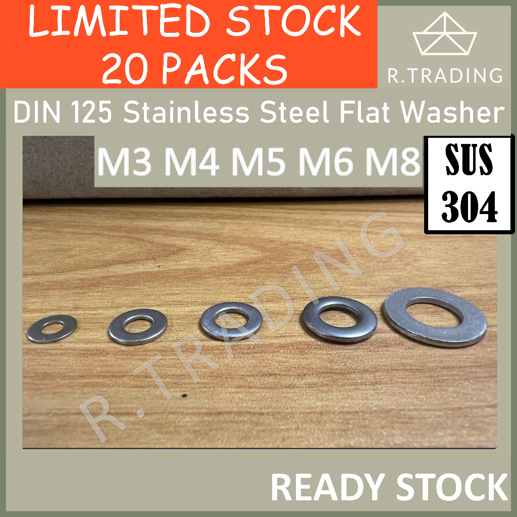 LIMITED STOCK – 20 PACKS [M3 M4 M5 M6 M8] 100 PCS DIN 125A Flat Washer / Plain Washer SUS 304 ...