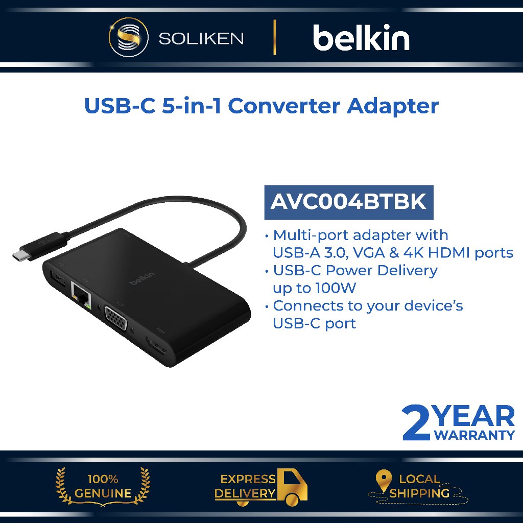 Belkin AVC004BTBK Converter Adapter USB-C 5-in-1 Hub Plus GbE Ethernet ...
