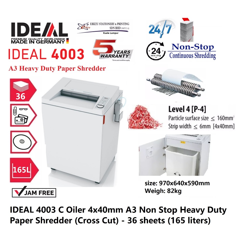 IDEAL 4003 C Oiler 4x40mm A3 Non Stop Heavy Duty Paper Shredder (Cross Cut) - 36 sheets (165 ...