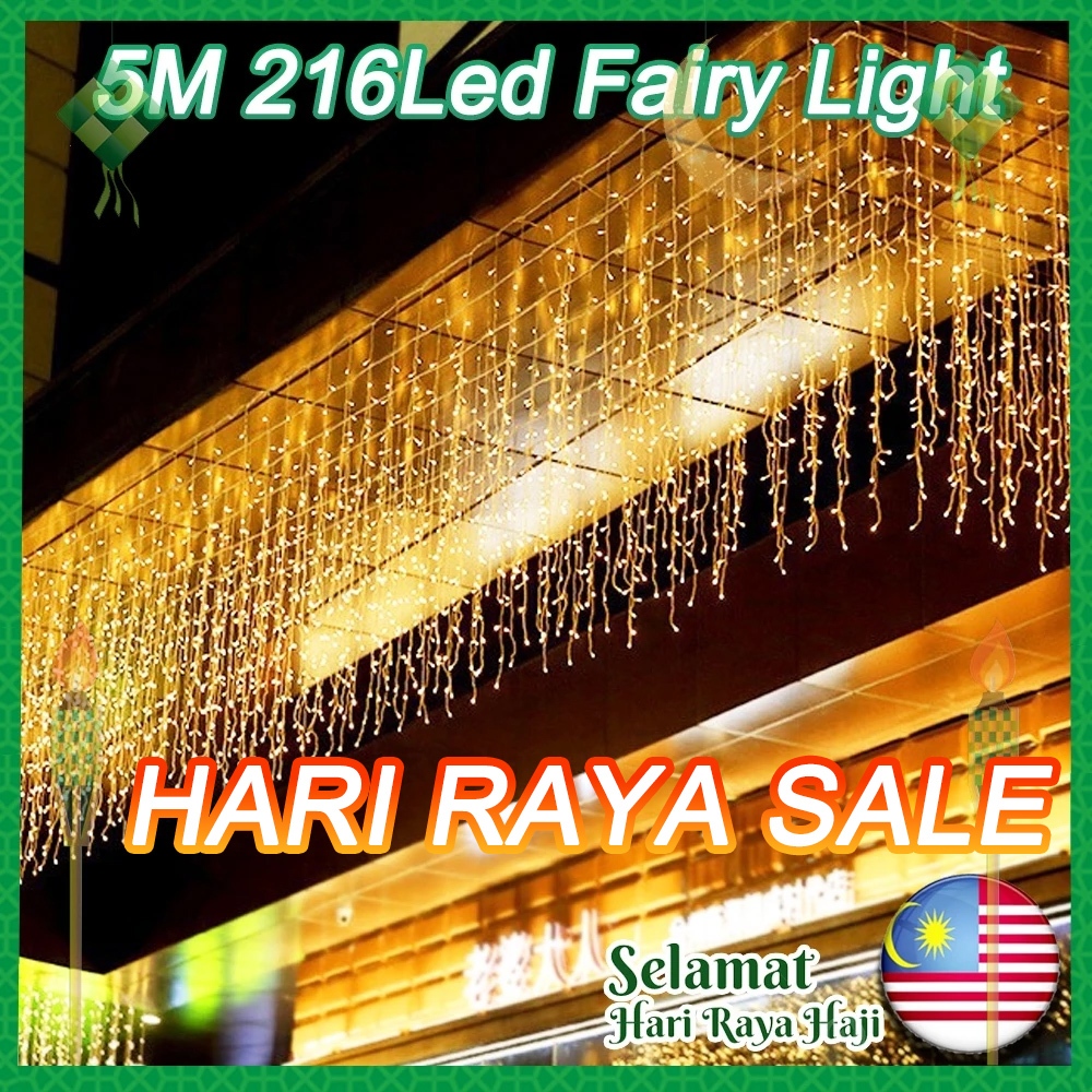 8 Modes Lampu raya Curtain Light 5M 216Led Party Outdoor waterproof ...