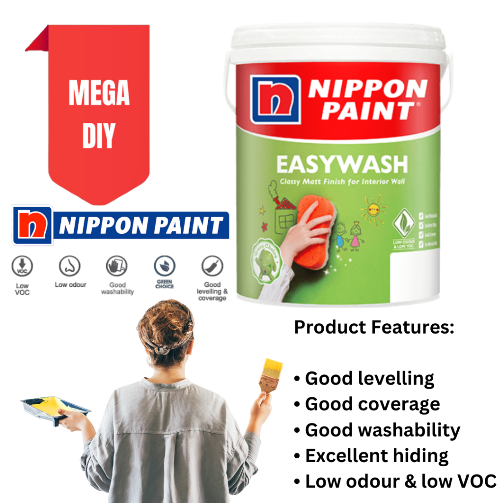 5L NIPPON PAINT EasyWash Easy Wash Wall Painting Vinilex Water Based Matt Interior Indoor Cat ...