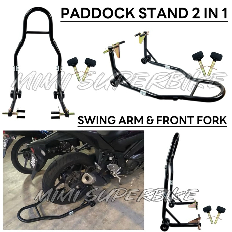 UNIVERSAL 2 IN 1 HEAVY DUTY PADDOCK STAND SWING ARM & FRONT FORK MOTOR ...
