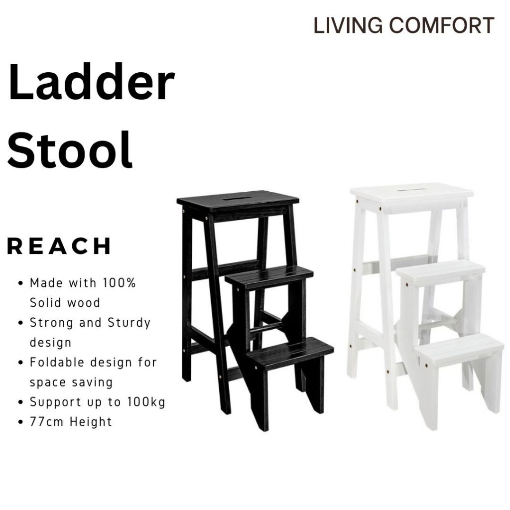 REACH Solid Wood 3 Steps Folding Step Chair 30" (77cm) Step Stool ...