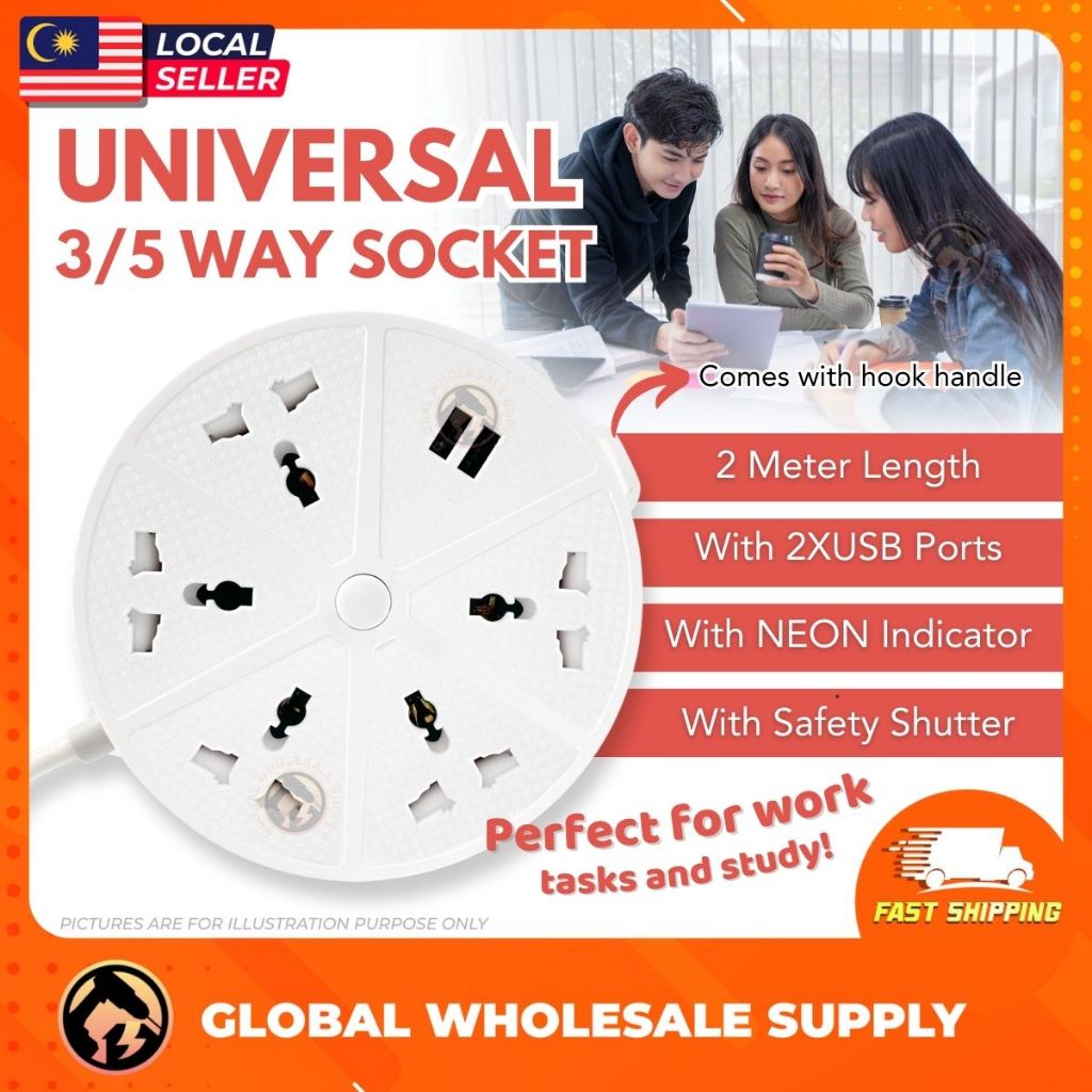 3/5 WAY Universal Plug Extension Plug Wayar Extension USB Port ...