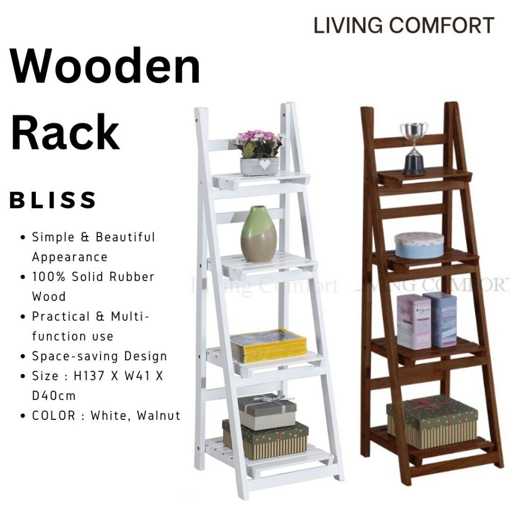 BLISS Ladder Bookcase 4-Tier Wood Shelf, Plant Shelf Ladder, Modern Flower Book Display Shelf ...