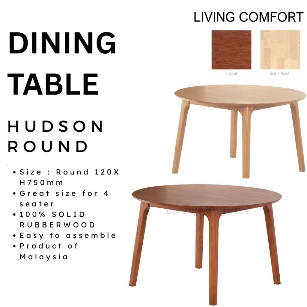 HUDSON Round 120cm Solid Wood Dining Table / Meja Makan Kayu Bulat 4 ...
