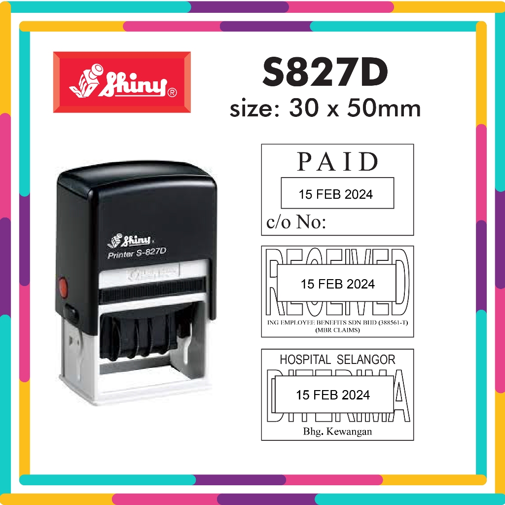 SHINY Cop Berdakwat Bertarikh / Self Inking Stamp Square Dater S827D ...