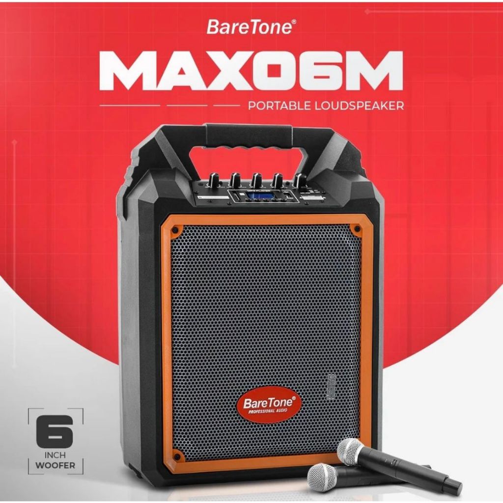 Baretone MAX-06M 6" Mini Portable Speaker With Two Handheld Wireless ...