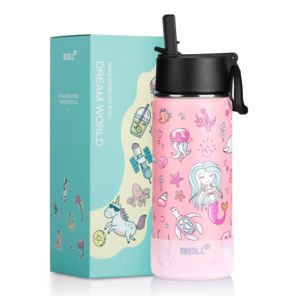 Mollcity 350ml/475ml Cute Kids Tumbler With Straw Stainless Steel ...