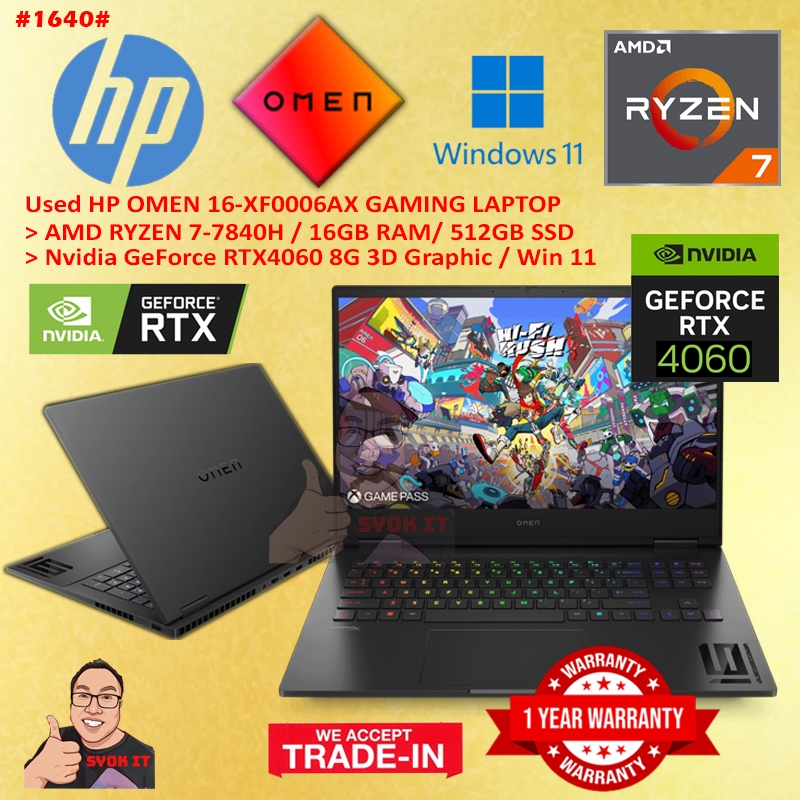 #1640 USED R7 HP OMEN 16 XF00006AX Performance Gaming Laptop AMD RYZEN ...