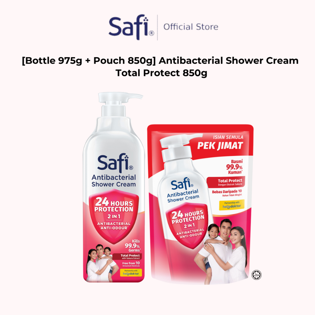 Safi Antibacterial Shower Cream Total Protect (975g) + Refill Pack (850g) | Kills 99.9% Germs ...