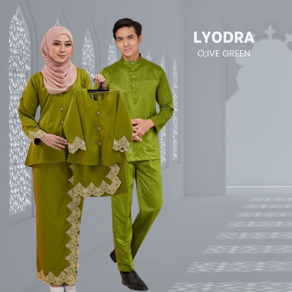 OLIVE GREEN SET FAMILY LYODRA KURUNG RIAU MODEN LACE BAJU MELAYU CEKAK ...