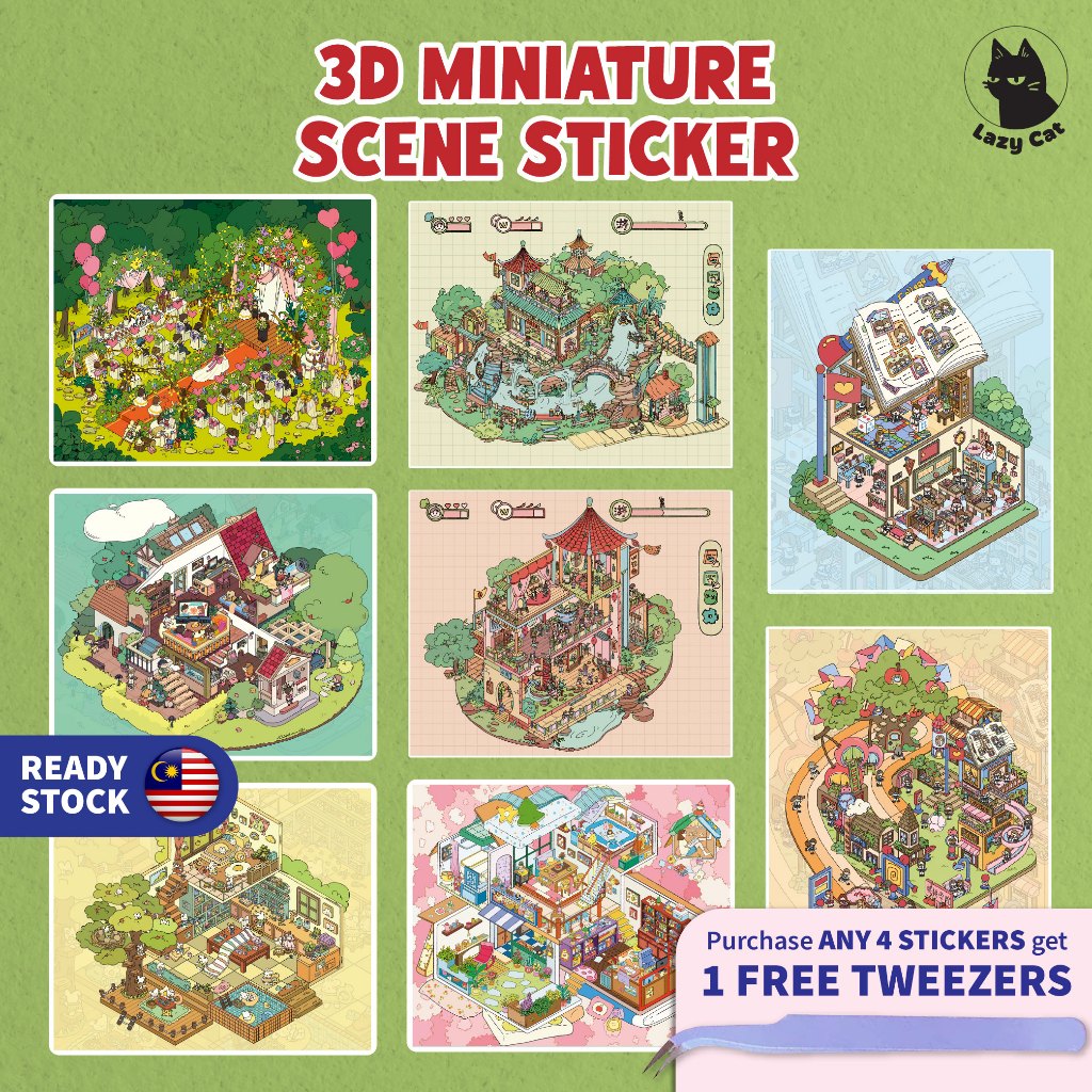Lazy Cat 3D Miniature Scenes Sticker DIY Cute Cartoon Korean Style ...