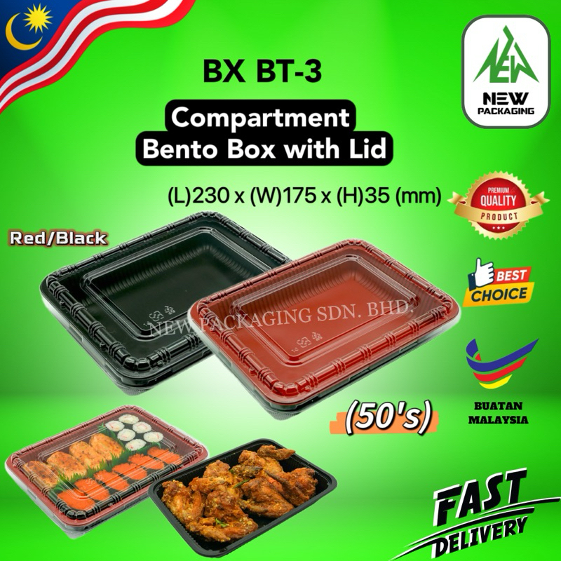 BENXON BT-3 Compartment Bento Box with Lid [50 Sets] (Red/Black) | PP ...