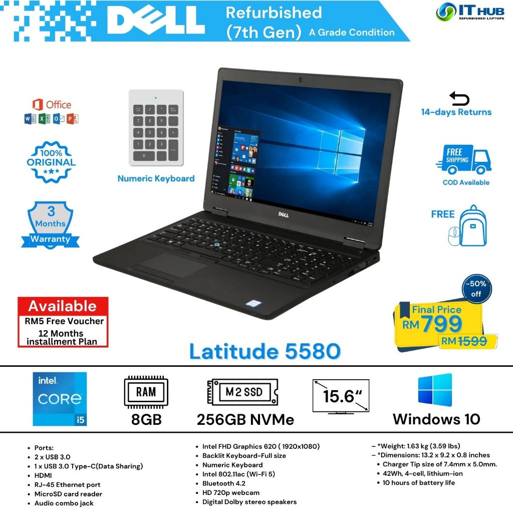 Dell Latitude E5580, Intel Core i5, 7th Gen CPU, 8GB RAM - 256 SSD , 15.6" Display , Windows 10 ...