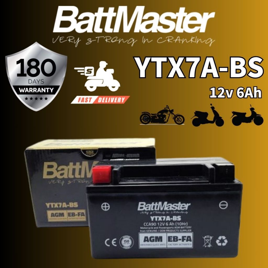 BATTMASTER 12V 6AH Battery YTX7A-BS - Motorcycle for HONDA / YAMAHA ...