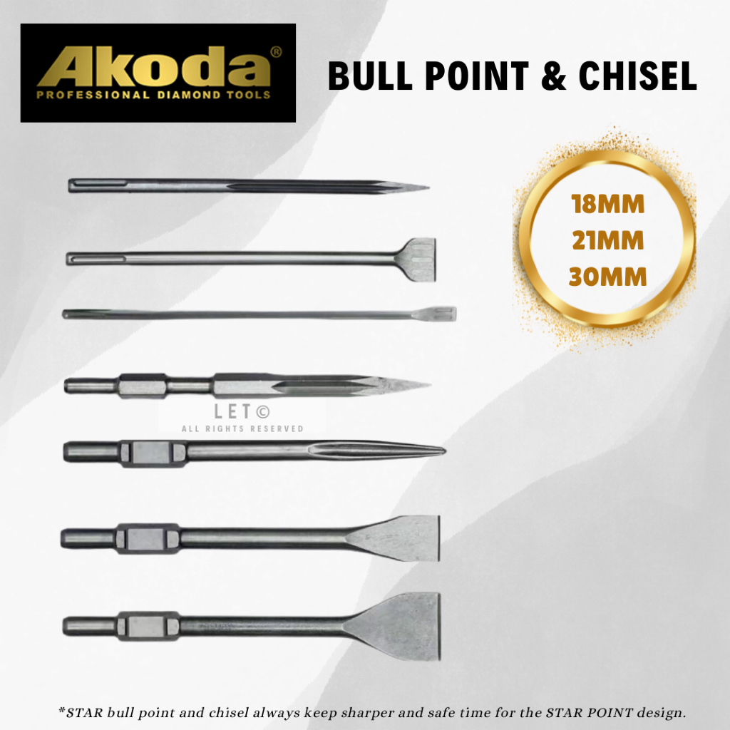AKODA 18MM / 21MM / 30MM STAR BULL POINT / FLAT CHISEL - HEAVY DUTY ...
